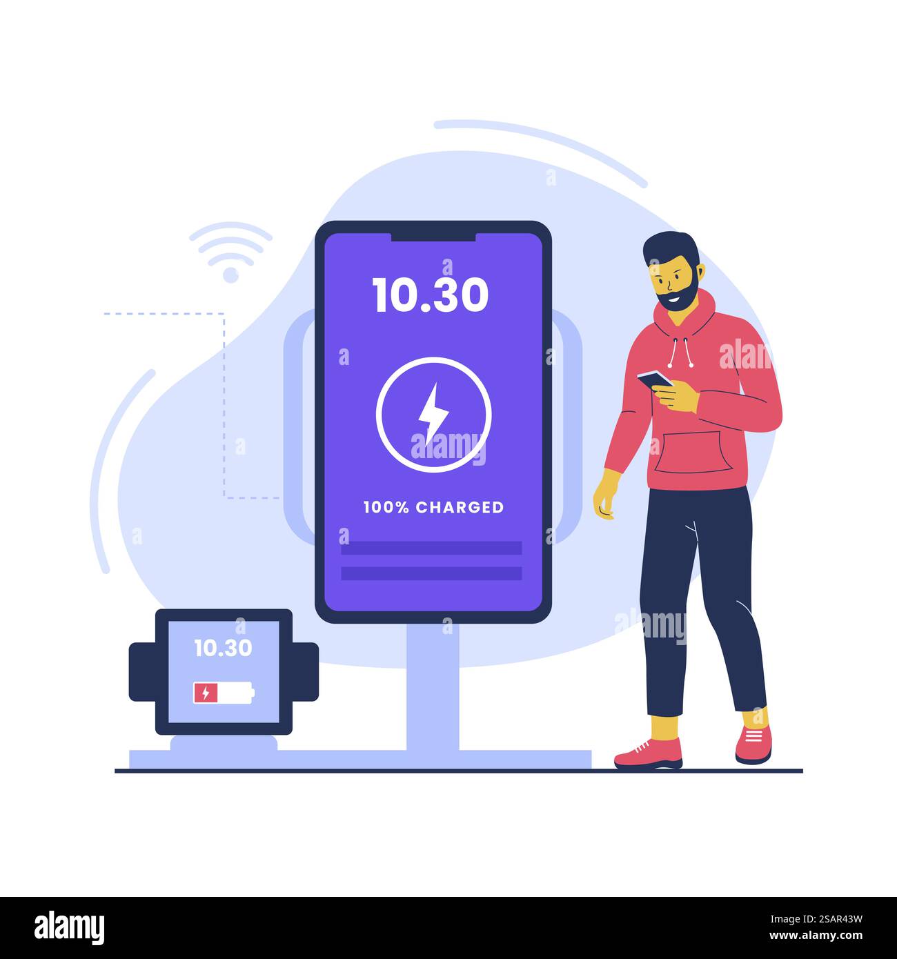 Concept illustration of wireless charging technology. Flat vector illustration isolated on white ...