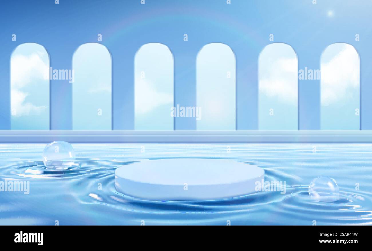 3d minimal swimming pool backdrop. Illustration of display podium ...
