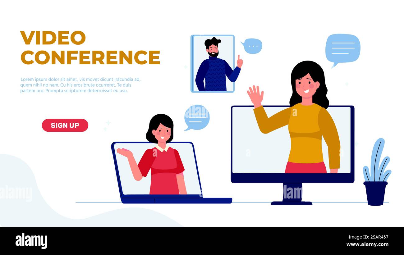 Video conference landing page. Different gadgets for online meetings ...