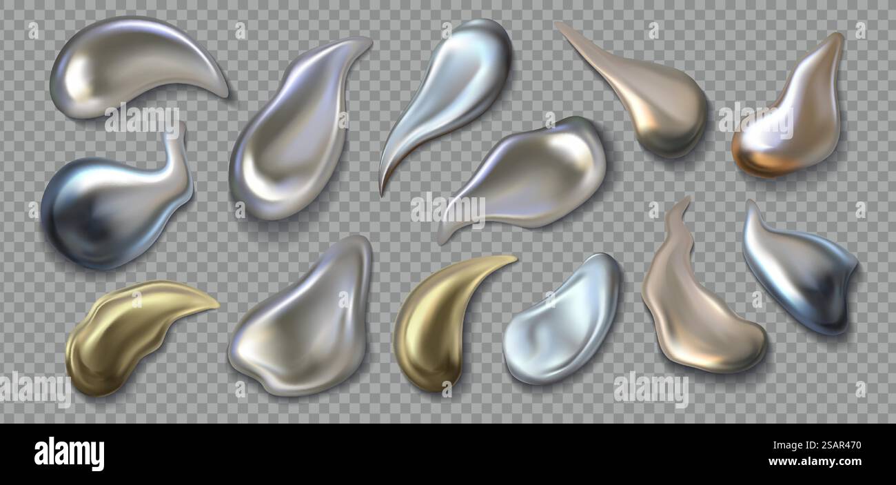 Liquid metal. Realistic 3D chrome smear. Silver or golden melted ...