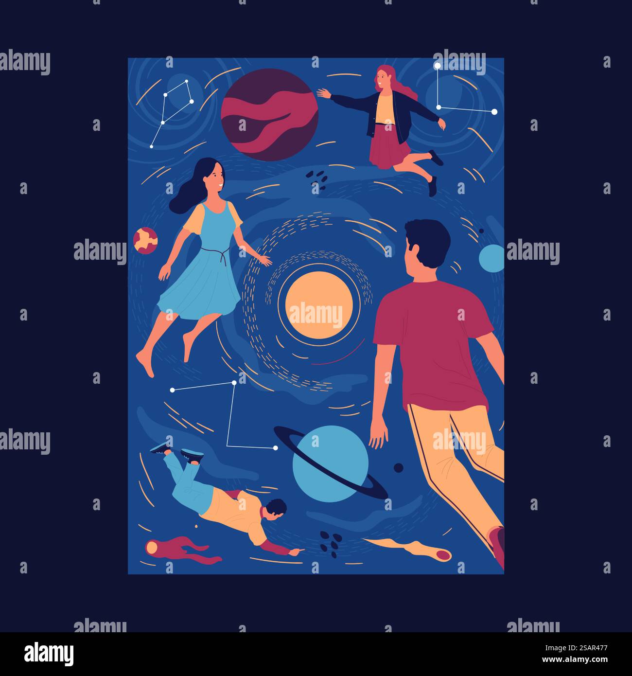 People floating in space. Freedom concept. Cartoon young men and women ...