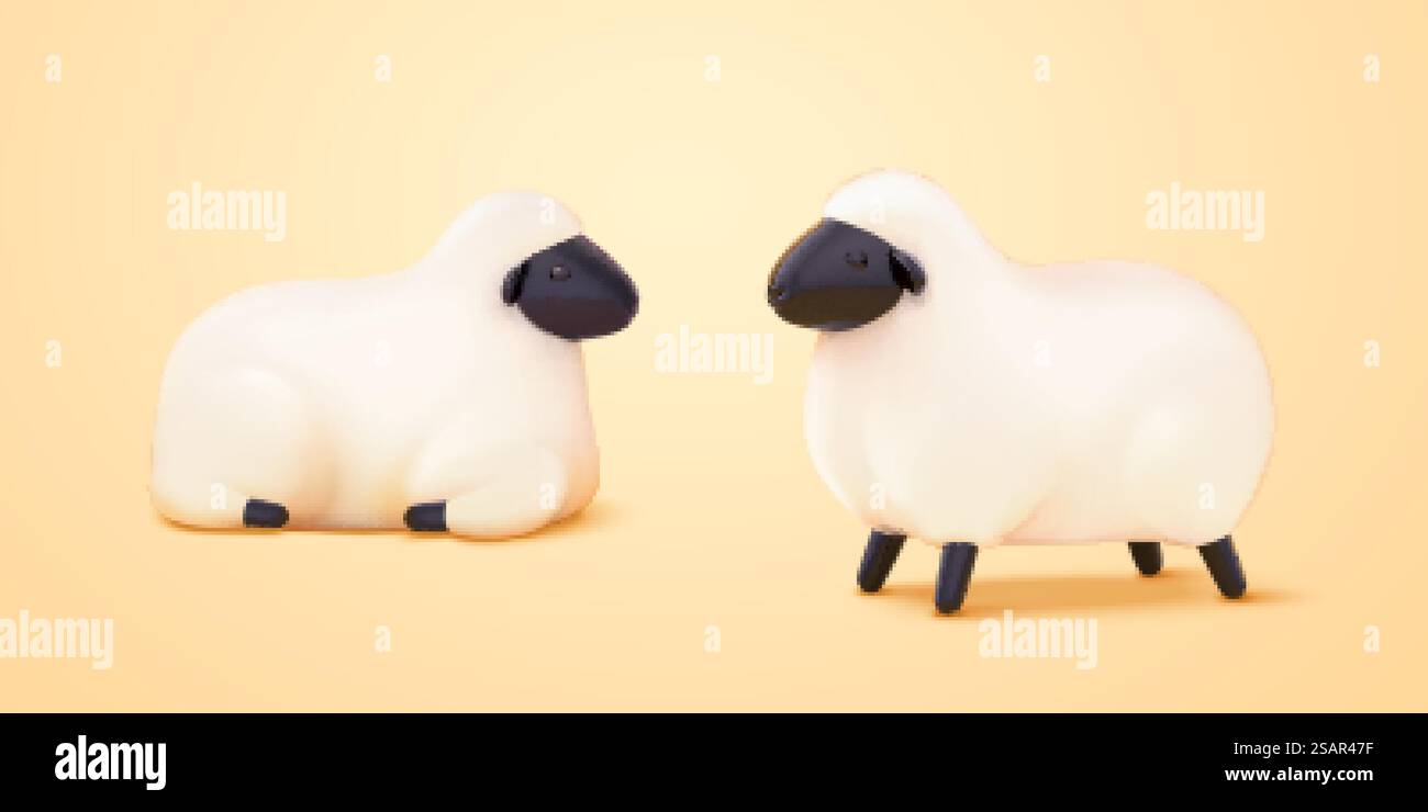 3d illustration of two blackface sheep on yellow background. One is in ...
