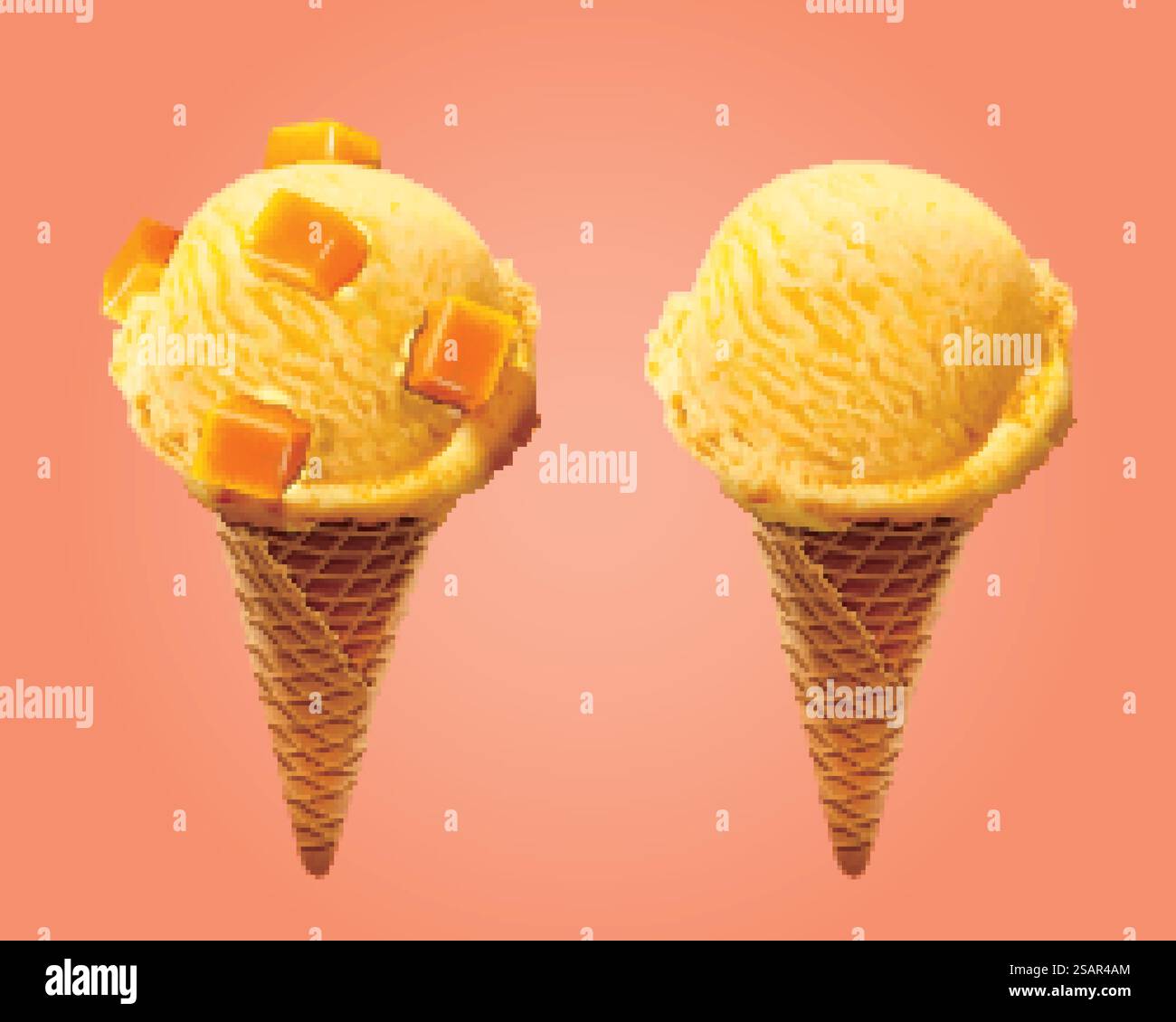 Ice cream cone with juicy chopped mango in 3d illustration. Mango ice ...