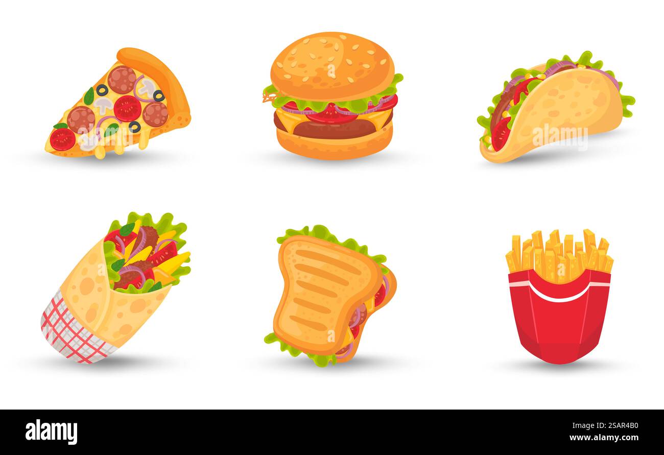 Street food hamburger, tasty sandwich, hot dog, pizza, french fries ...
