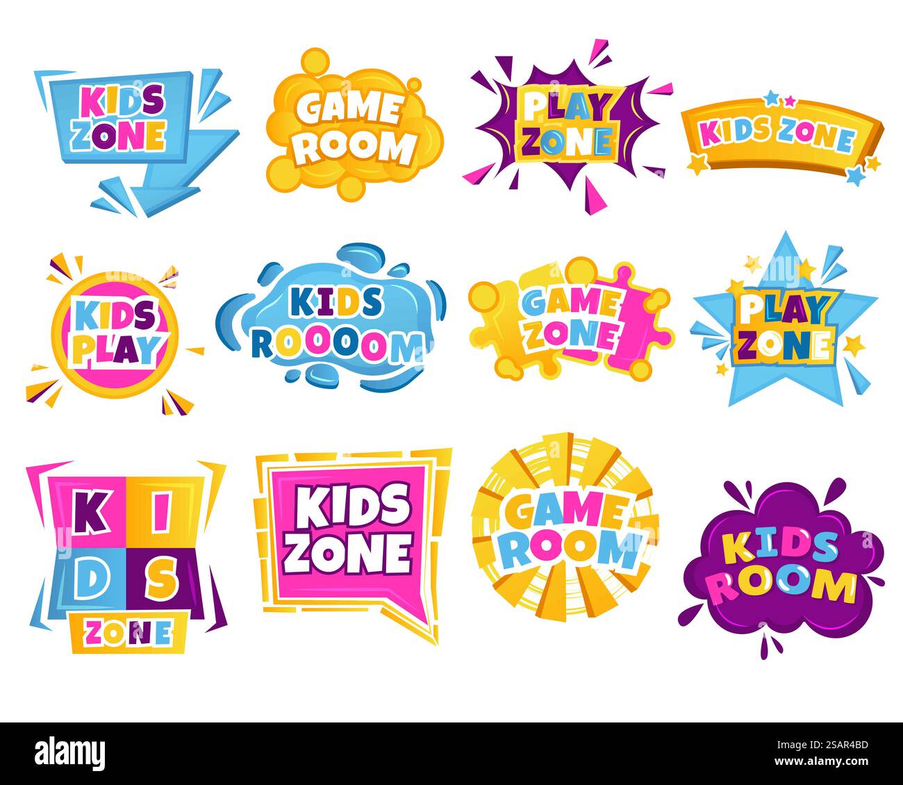 Kids zone label. Cartoon colorful child playroom with toys, baby ...