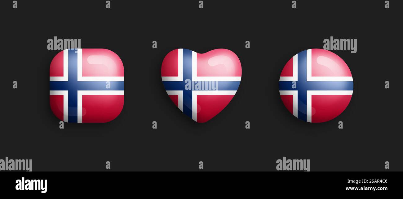 Norway Official National Flag 3D Vector Glossy Icons In Rounded Square ...