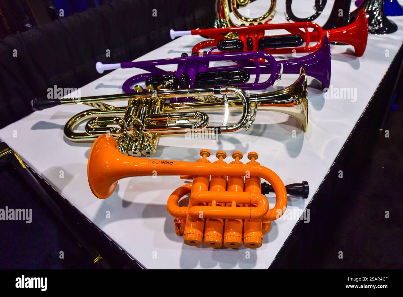Colorful trumpets on display at the 2025 Namm Show in Anaheim ...