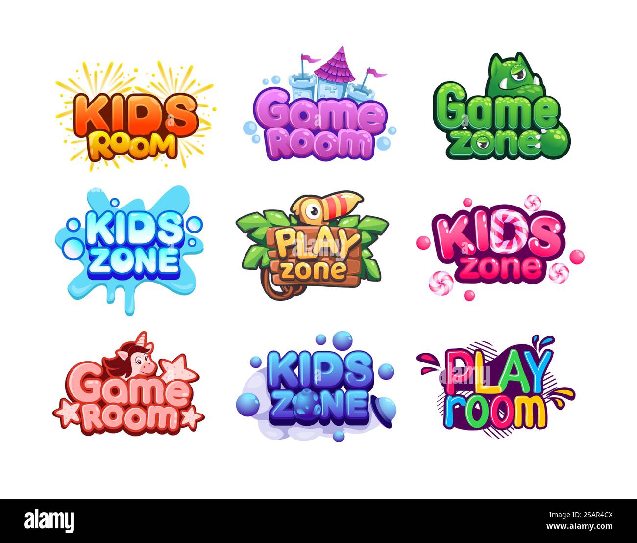Play room logo. Kids zone cartoon banners. Baby entertainment area. Fun ...