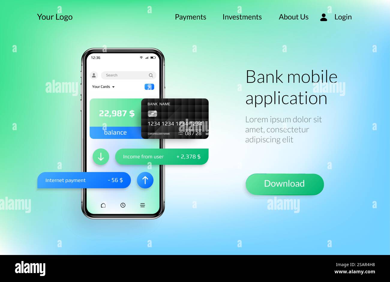 Banking app landing page. Mobile payment and financial account ...