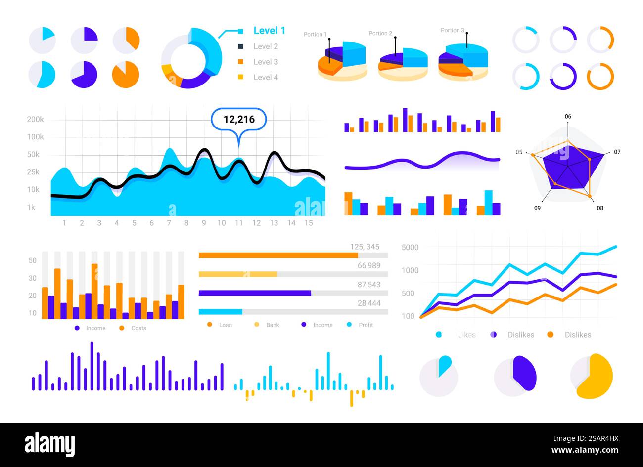 Statistic graph. Graphic bars, round infographic pie charts, circle comparison diagrams, finance ...