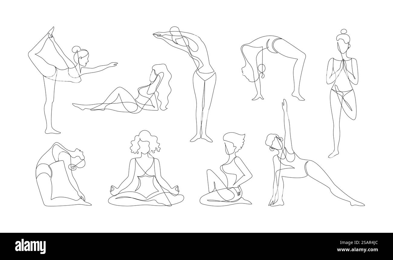 Line art woman body. Continuous monoline of young girl yoga poses ...