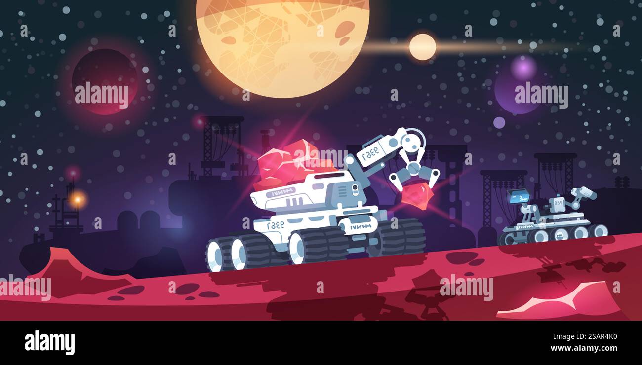 Alien colony. Cartoon red planet base with si-fi exploration transport ...