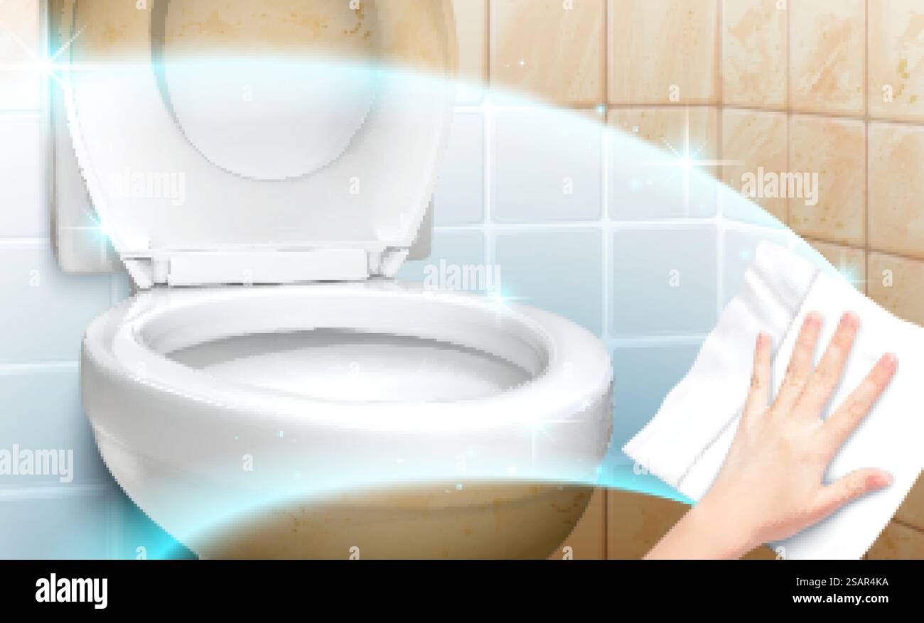 Realistic hand using disinfectant wipe to clean dirty toilet seat and ...