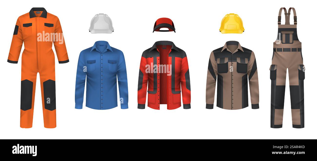 Realistic workwear. Overall uniform clothes. Jacket and helmet for ...