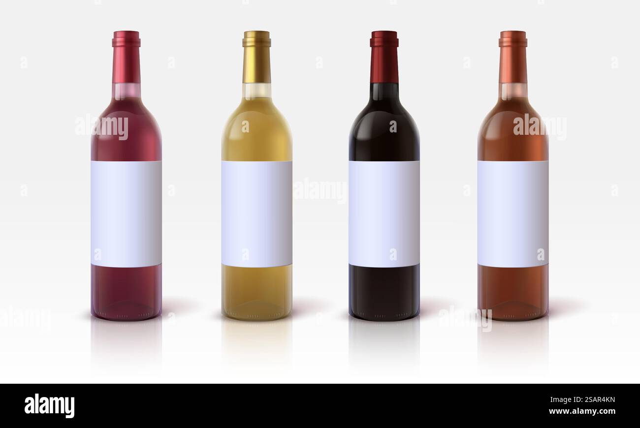 Realistic wine bottles. 3D glass containers mockup with blank labels ...