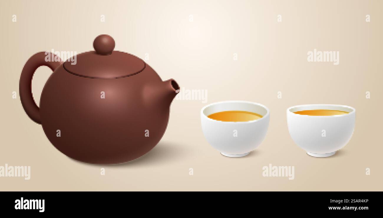 3d Chinese tea pot and cups. Illustration of one brown tea kettle and ...