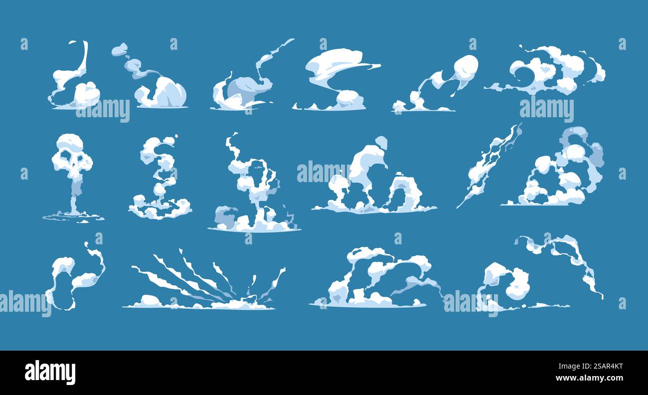 Steam clouds set. Cartoon blue fog and steam trail for kids game, air ...