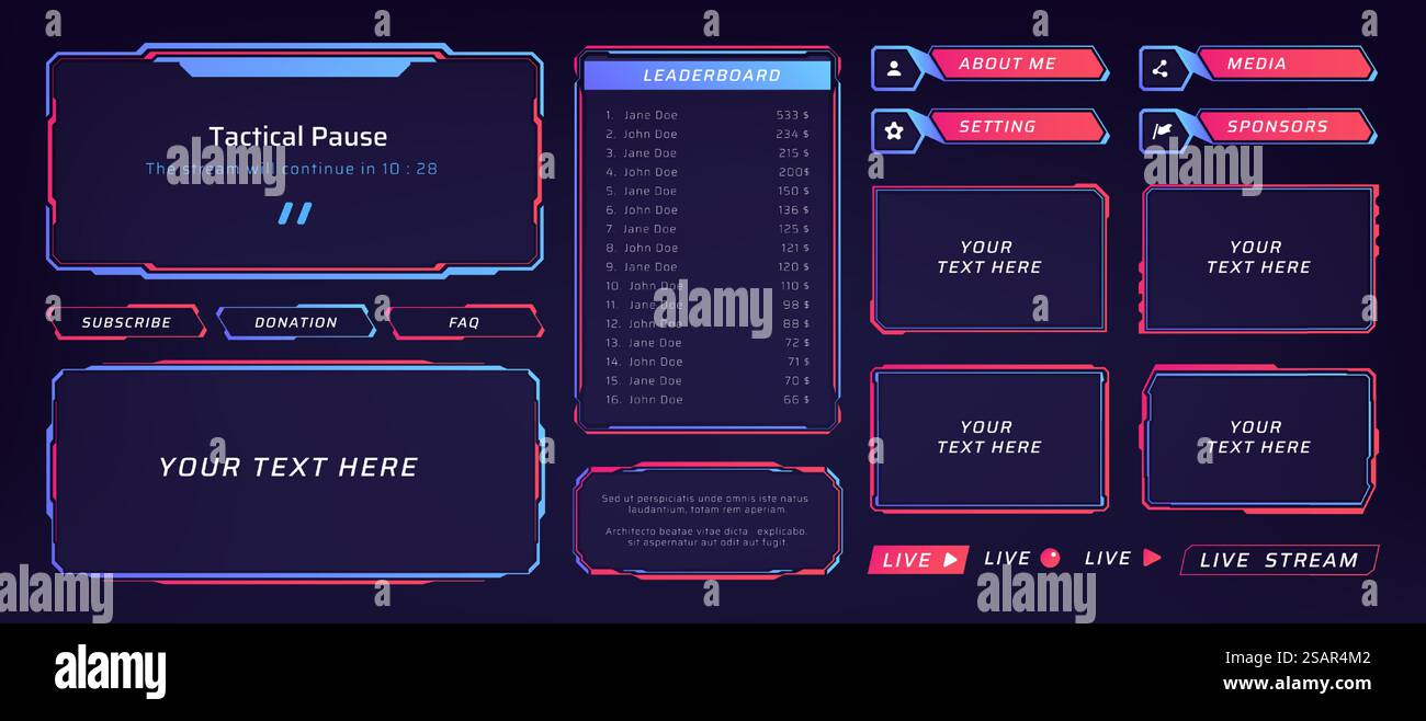 Game frame. Stream overlay banner with buttons and video player UI ...