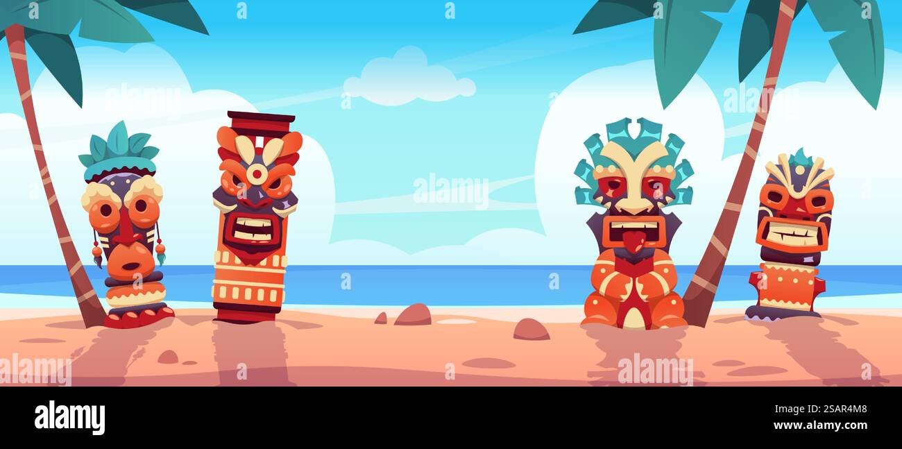 Tiki totem on beach. Cartoon Hawaiian and African tropical landscape ...