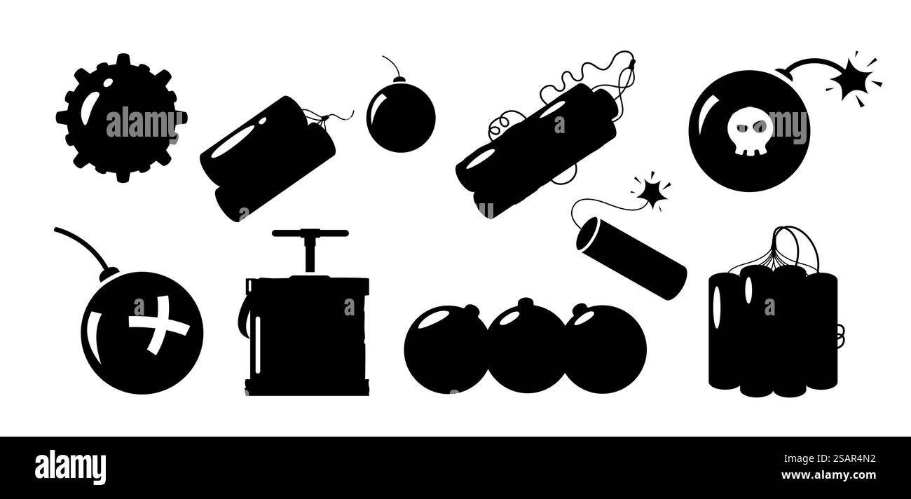 Bomb silhouette. Black explosive dynamite and grenade icons, military ...