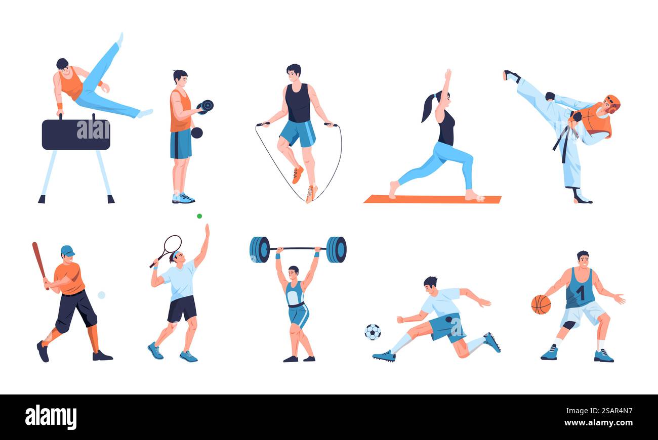 Sports people set. Cartoon characters training in gym, man and woman ...