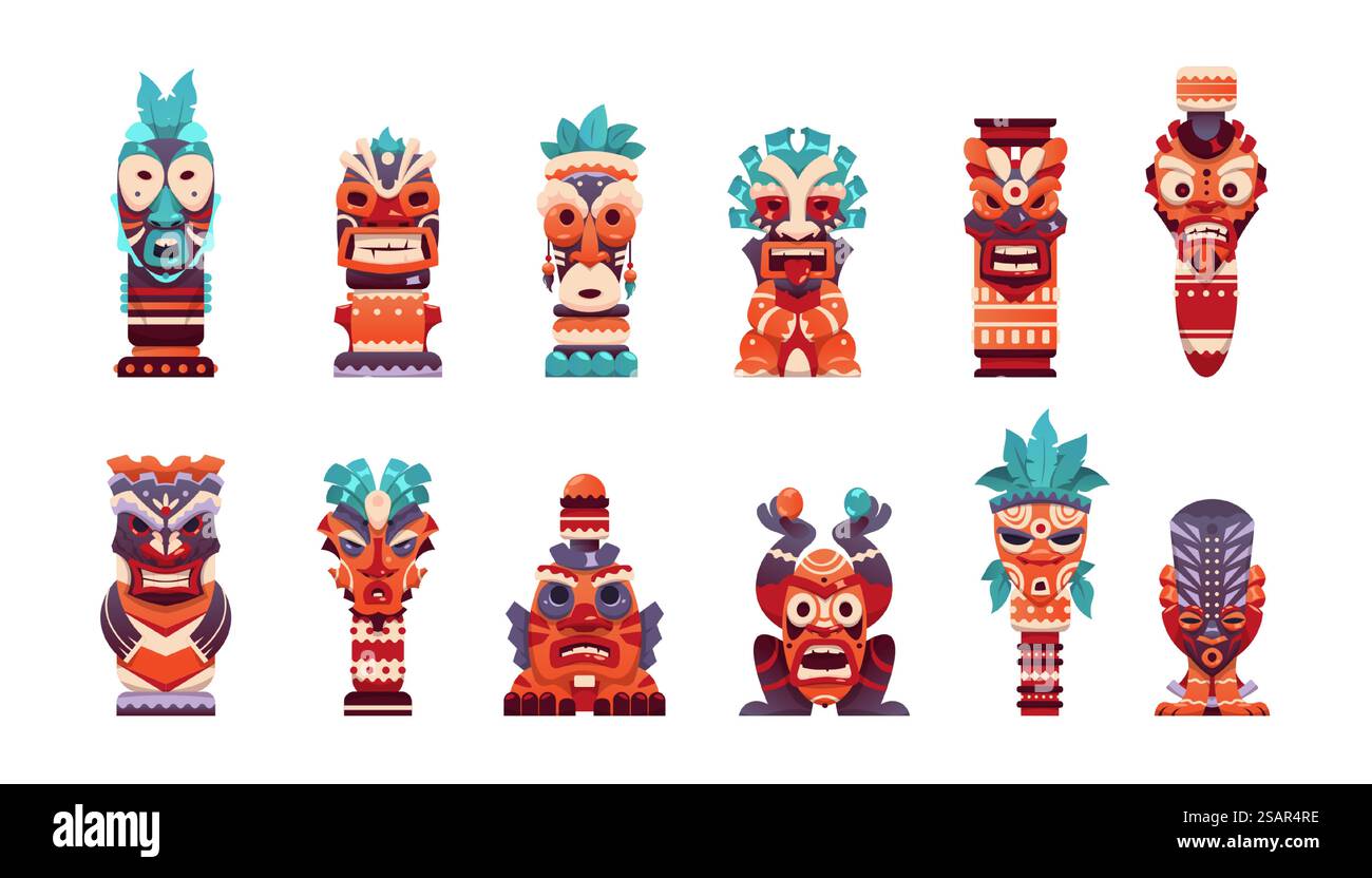 Tiki totem. Cartoon Hawaiian and African tribal statue. Maya and Aztec ...