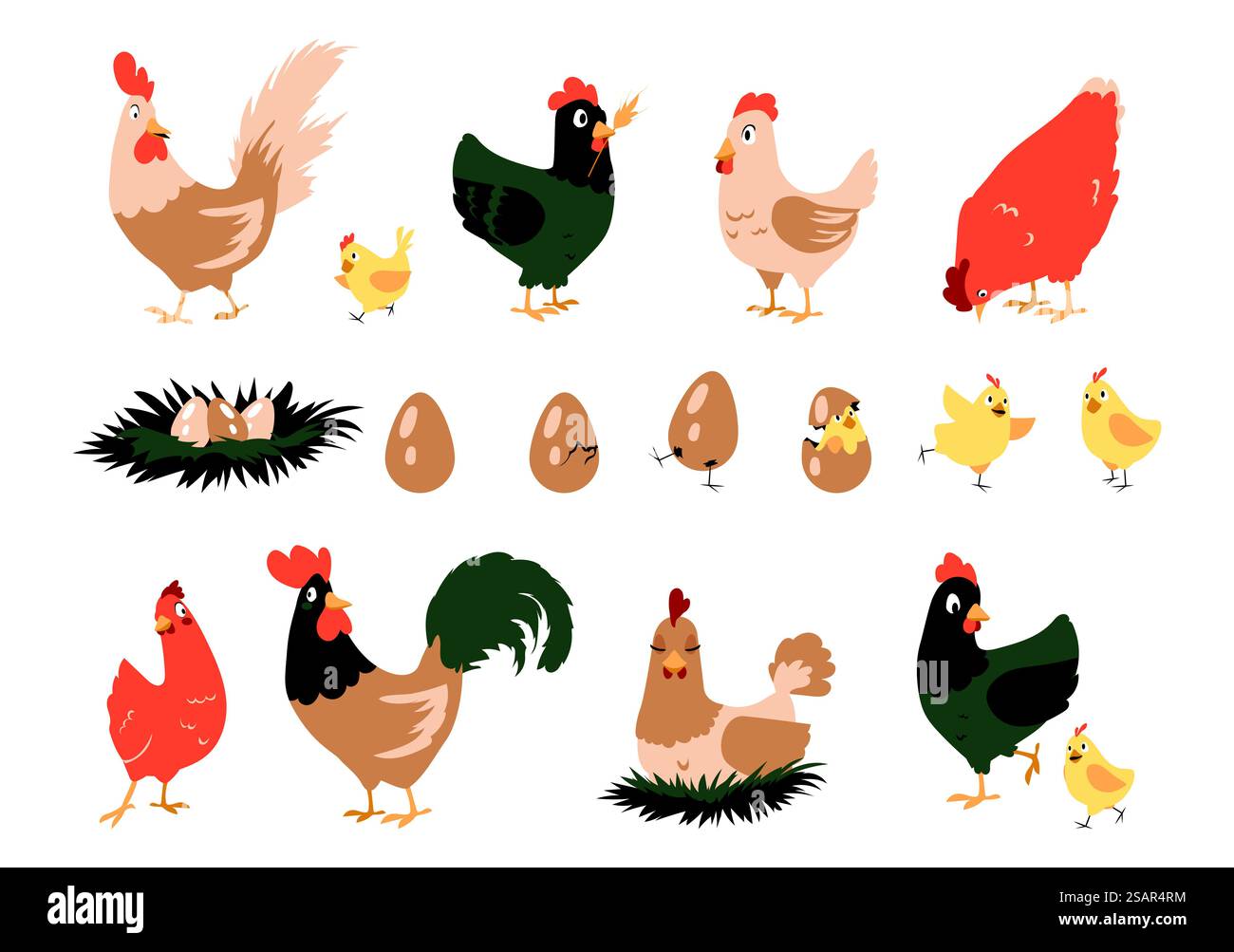 Cartoon chicken. Cute domestic farm animals. Hen incubates chicks in ...