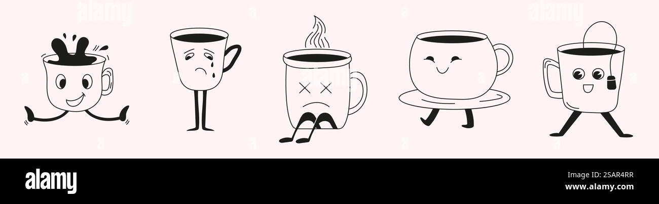 coffee and tea cups depicting various emotions like smiling, laughing ...