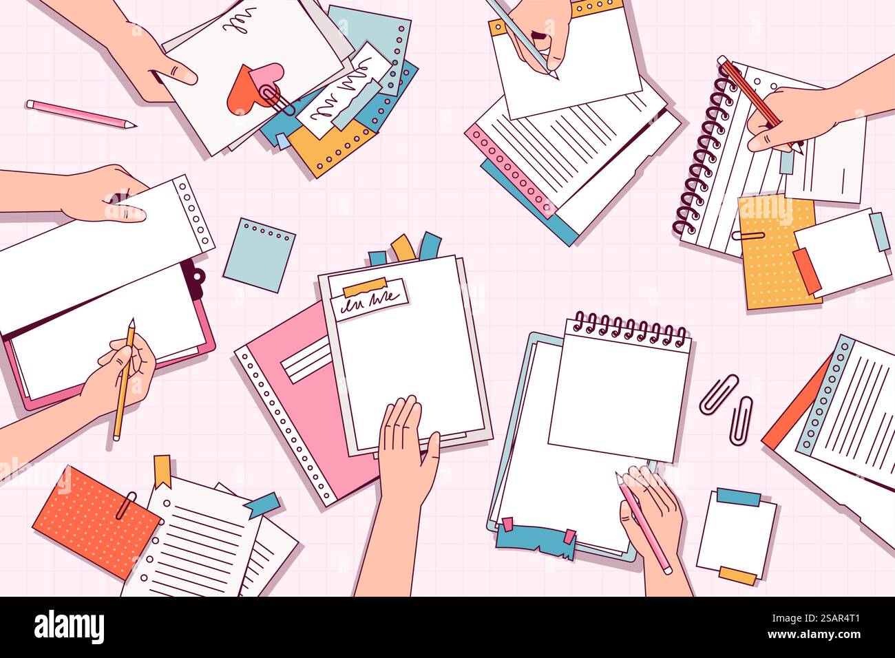 Team work table view. Working group with colleagues at desk, group ...