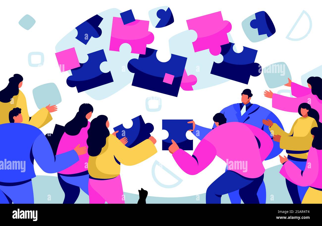 Teamwork concept. Horizontal abstract group characters solving problem ...