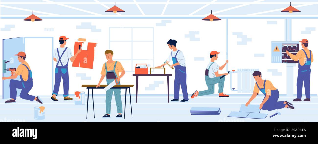 Home renovation. Cartoon team of builders make interior repairs ...