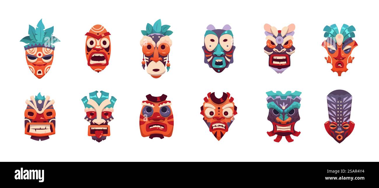 Tiki mask. Cartoon African and Hawaiian tribal decorative face masking ...