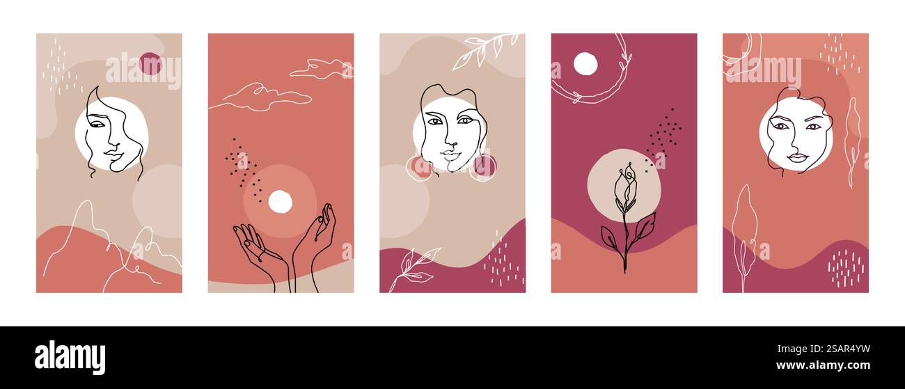 Line woman face banners. Trendy art minimalist portraits. Vertical posters set. Abstract shapes ...
