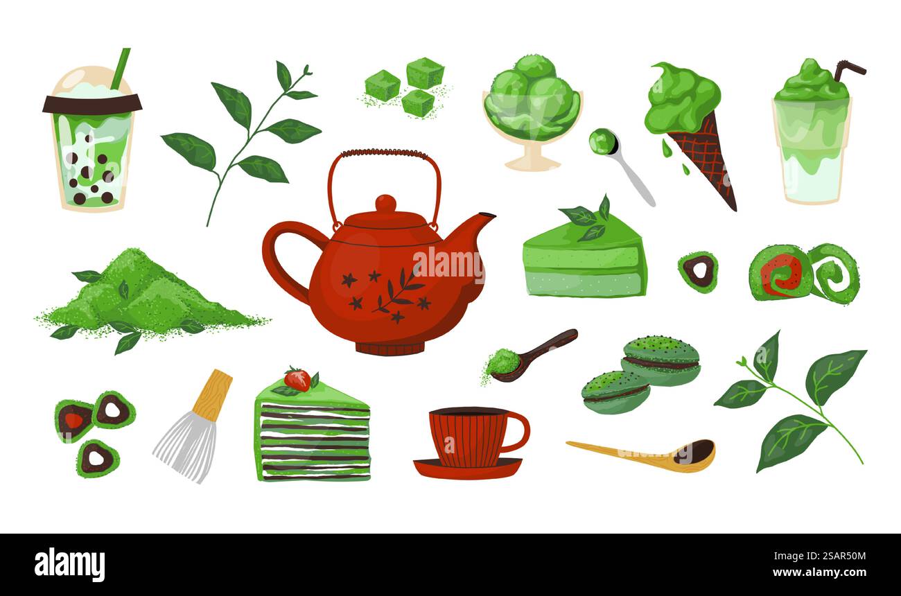 Matcha dessert. Japanese tea green powder culture elements. Isolated ...