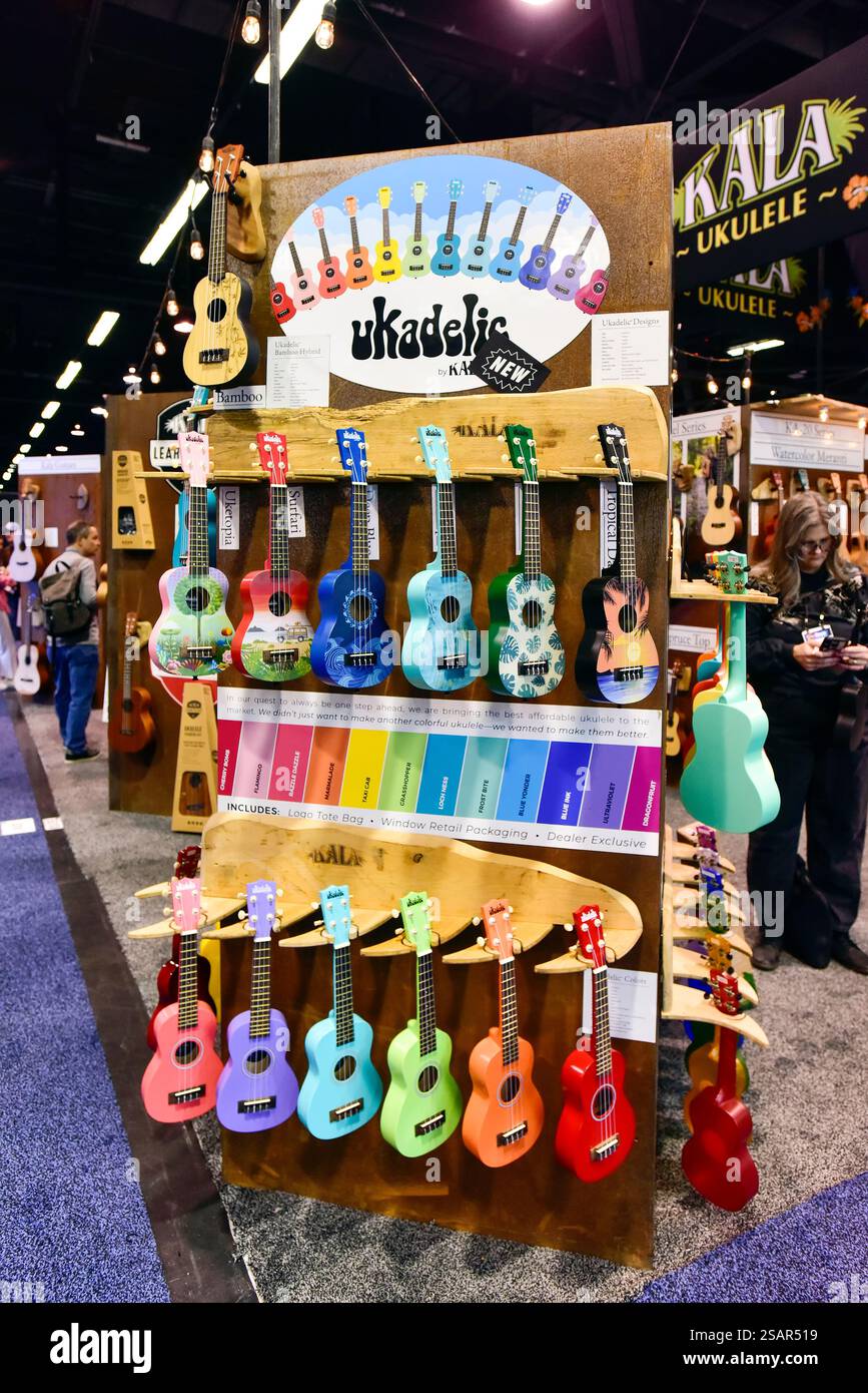 Anaheim, California, January 24, 2025 - Kala brand Ukadelic ukuleles on ...