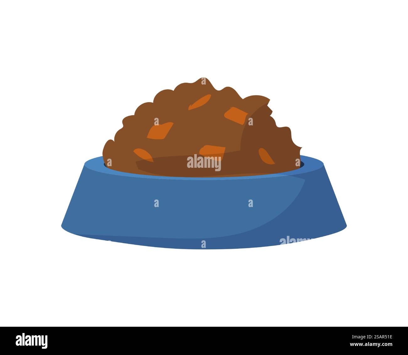 Cartoon pet feeder with food. Blue full plate for feeding domestic ...