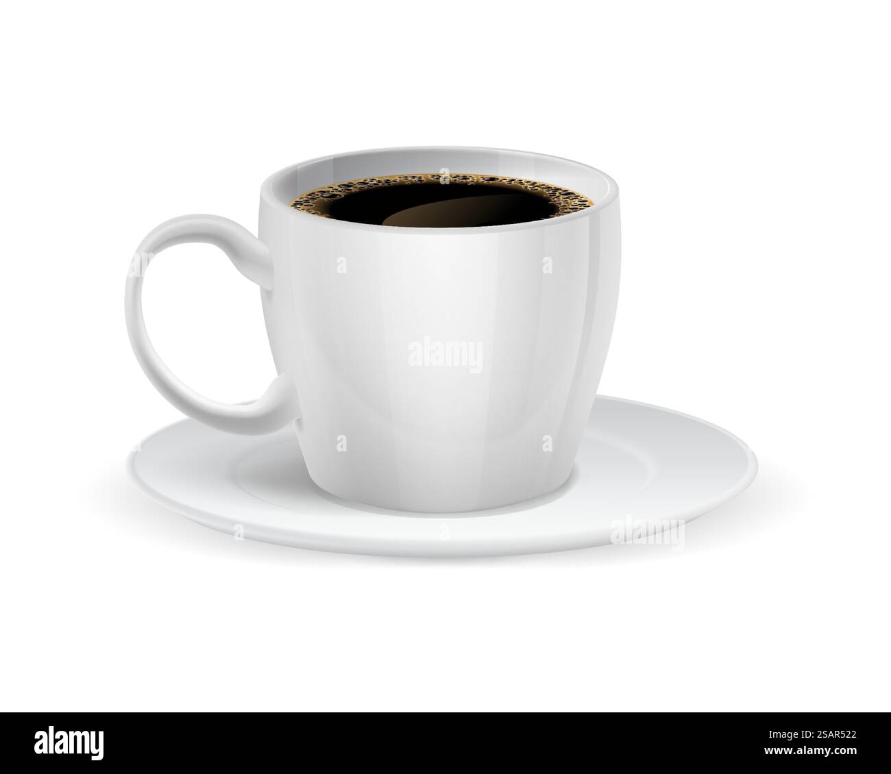 Realistic cup with black coffee. White espresso mug and saucer. Ceramic ...