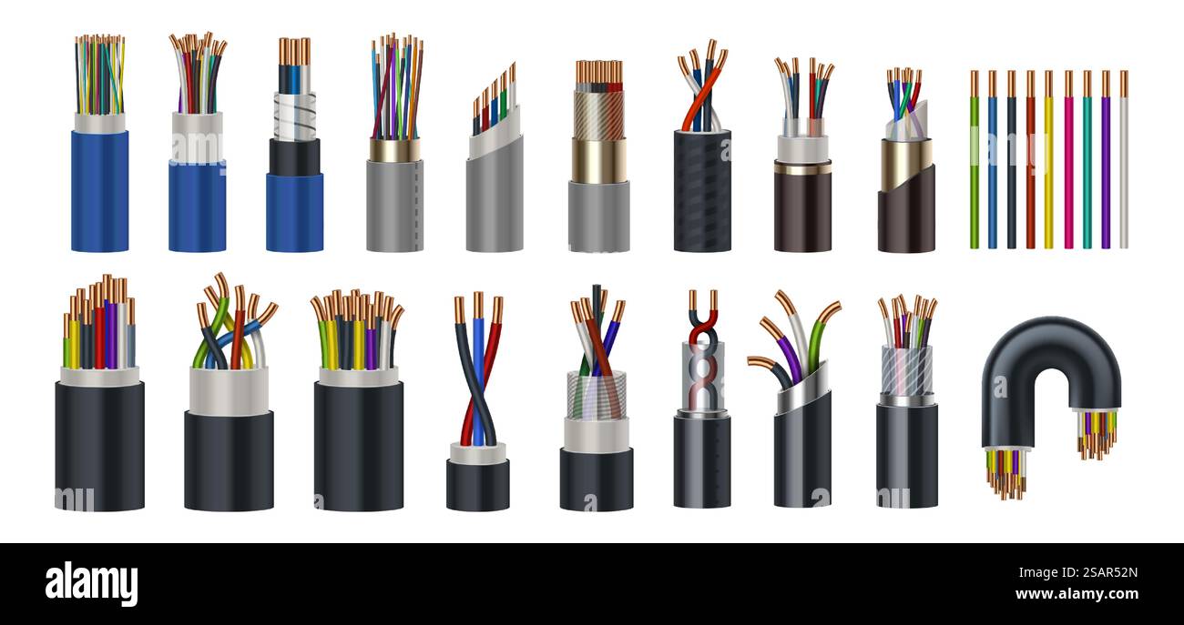 Realistic wires. Flexible electric copper cables with different ...