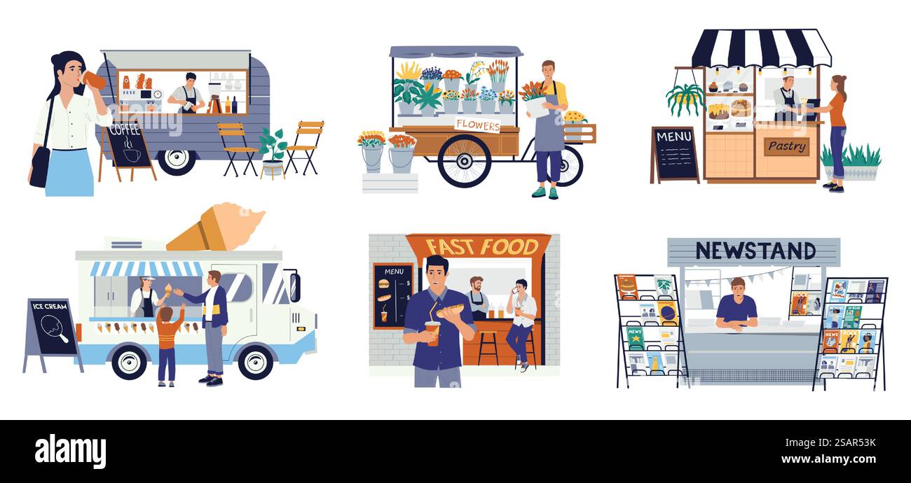 Small business. Flower and ice cream shop, street fast food cafe or ...