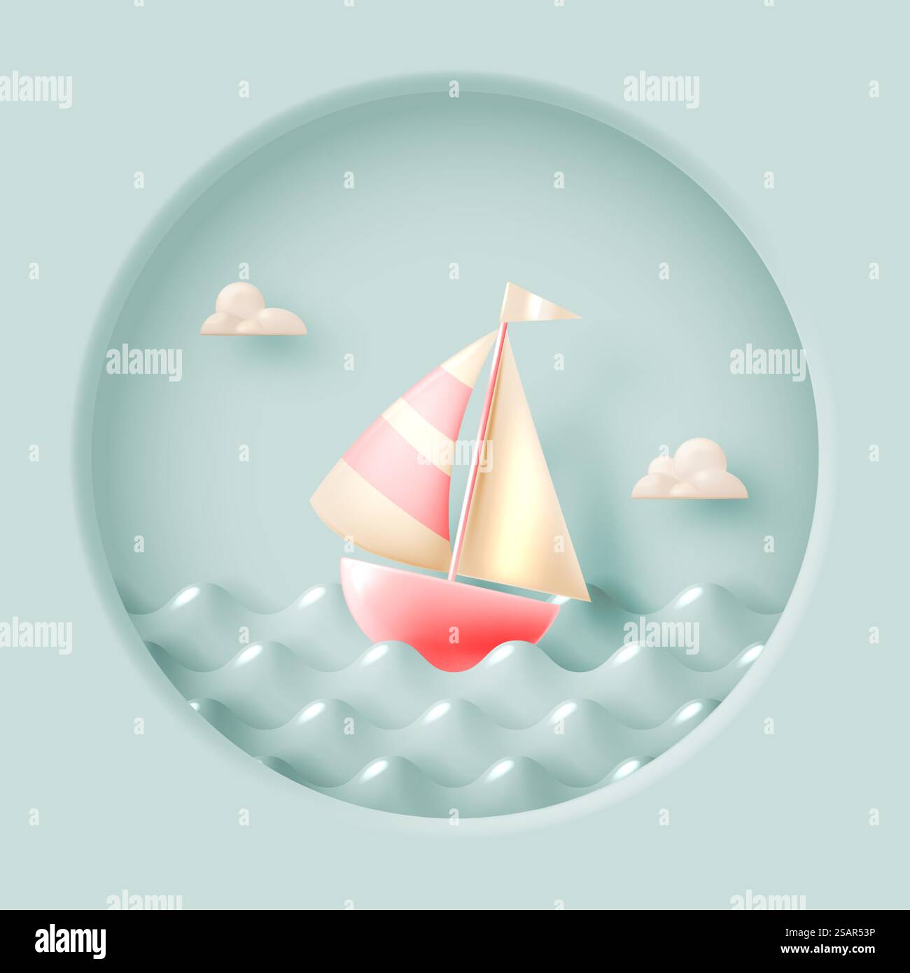 Cute boat in the ocean for summer season 3d style pastel color scheme ...