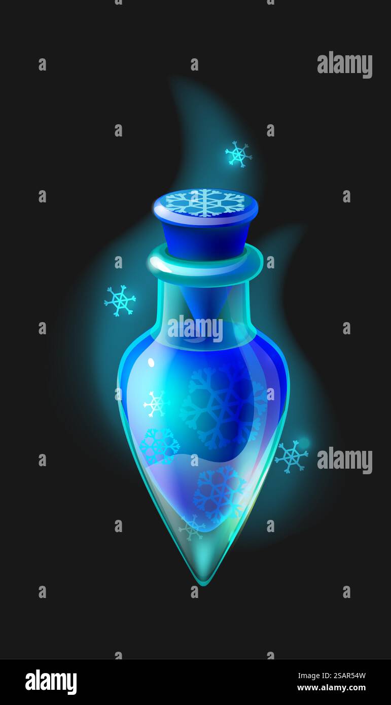 Magic elixir. Cartoon frost potion. Closed small phial full of blue ...
