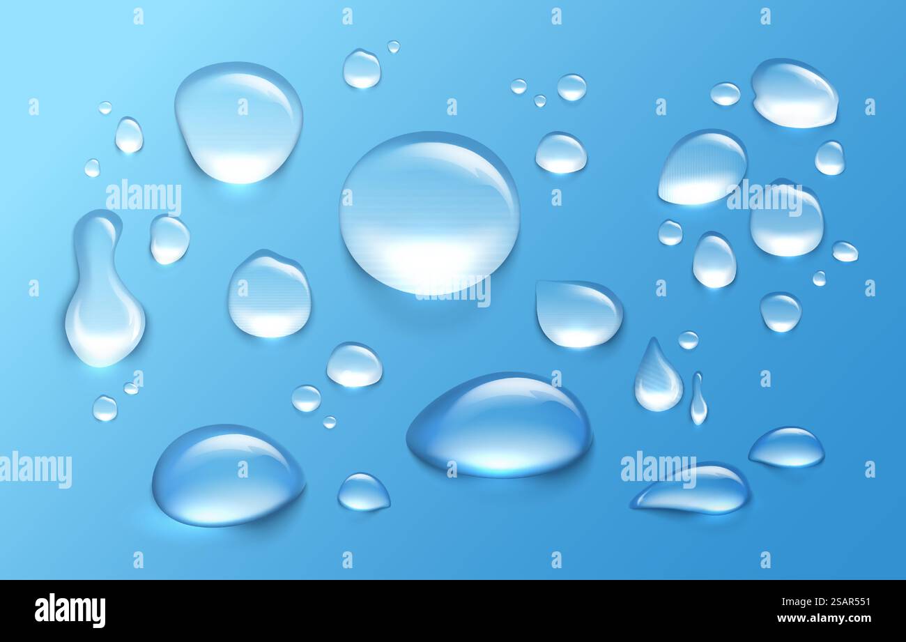 Realistic water drop. Transparent aqua splashes and droplets. Clean and ...