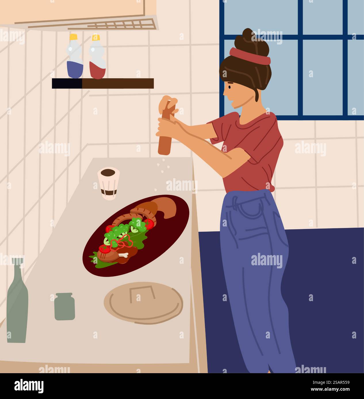 Woman cooking in kitchen. Cartoon female preparing food at home. Young ...