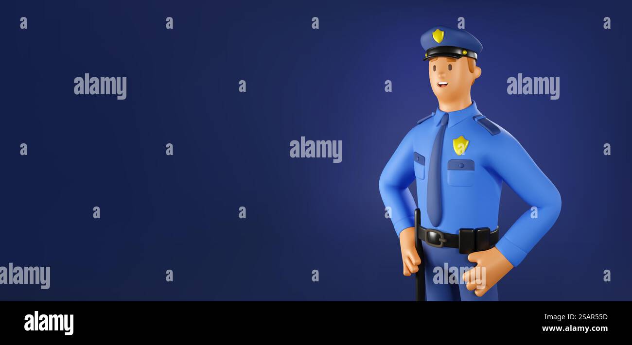 3D Policeman Vector Banner. Cartoon Male Character of Police officer on ...