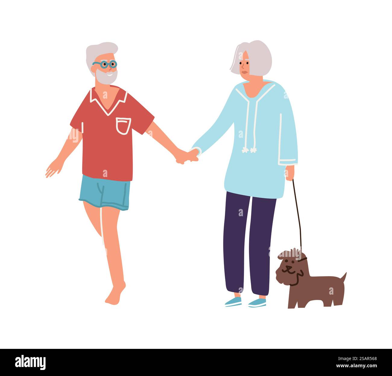 Cartoon old people walking with dog together. Senior persons holding ...