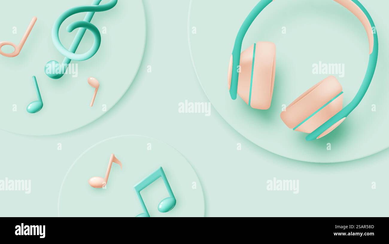 Music notes and headphones with melody or tune 3d realistic vector icon ...
