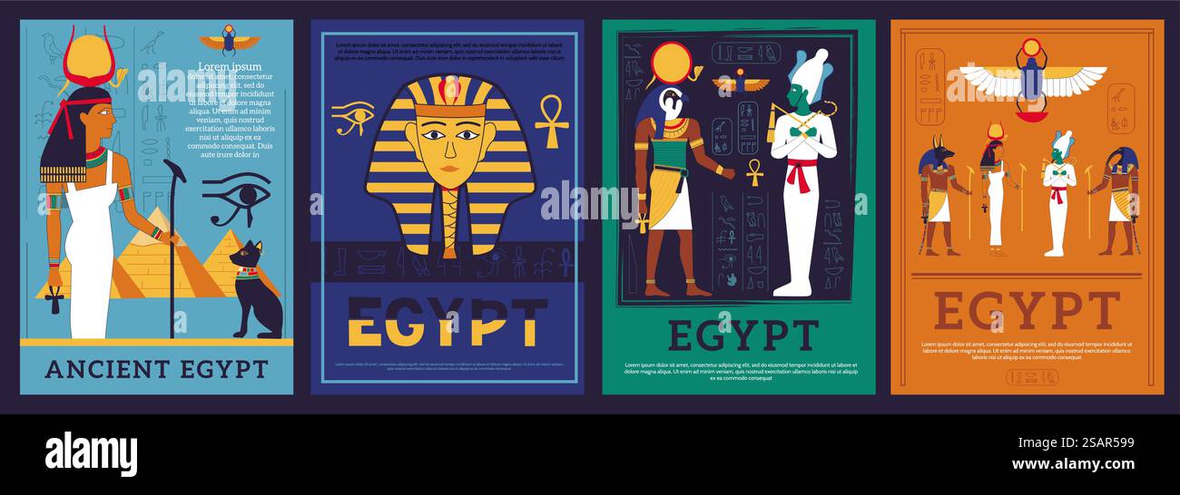 Egypt posters. Cartoon covers with Egyptian gods and goddess. Mythological religious symbols and ...