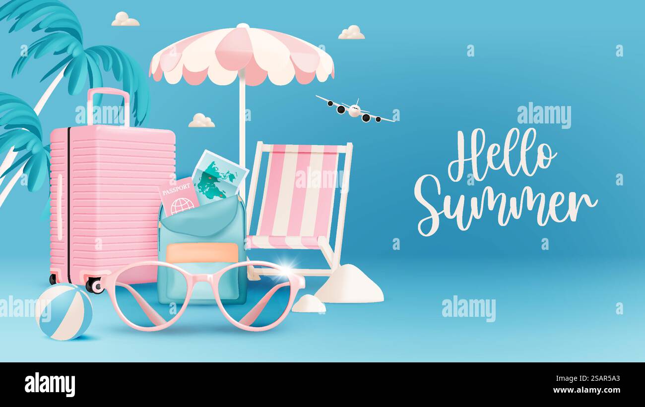 Summer and Beach things in 3d realistic art style with pastel color ...