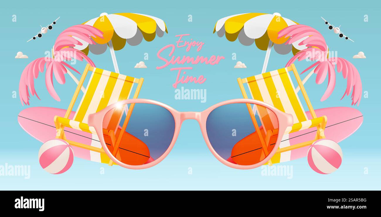 Deck chair for Summer and Beach things in 3d realistic art style with ...