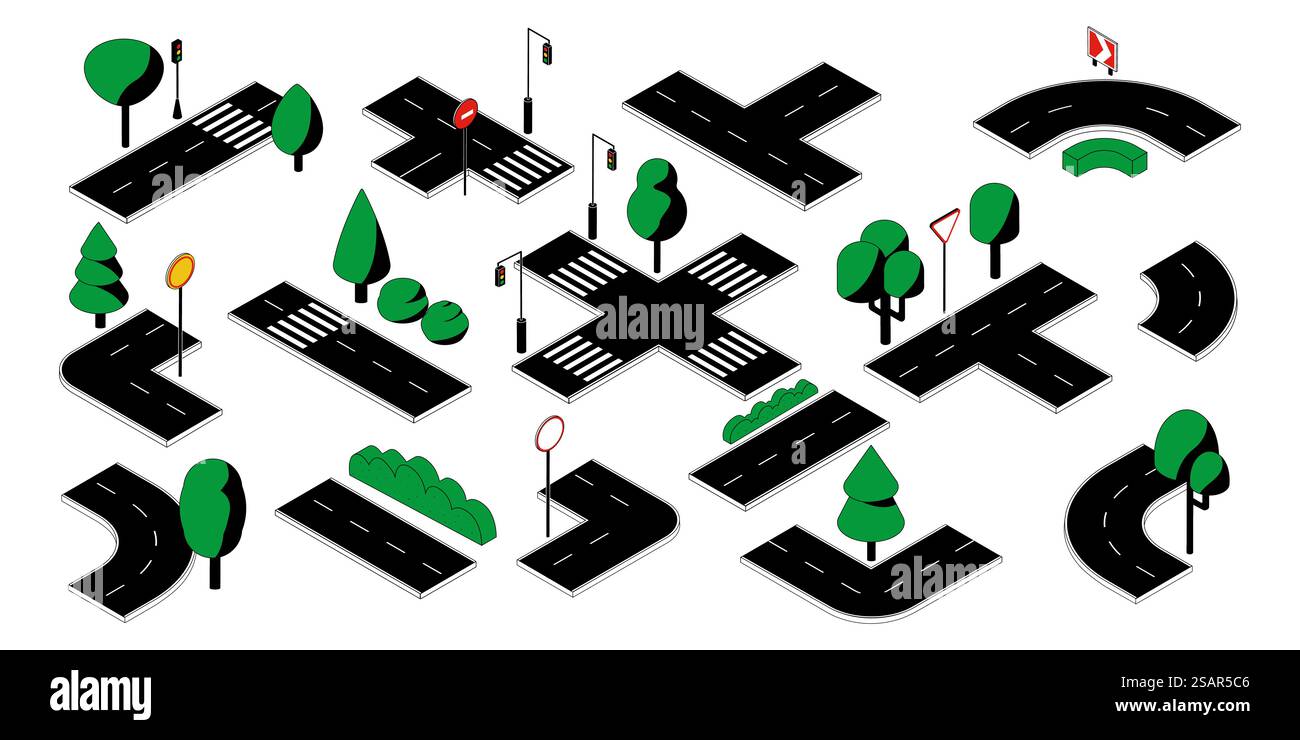Road parts. City street blocks with crossroads and crosswalk. Isometric ...